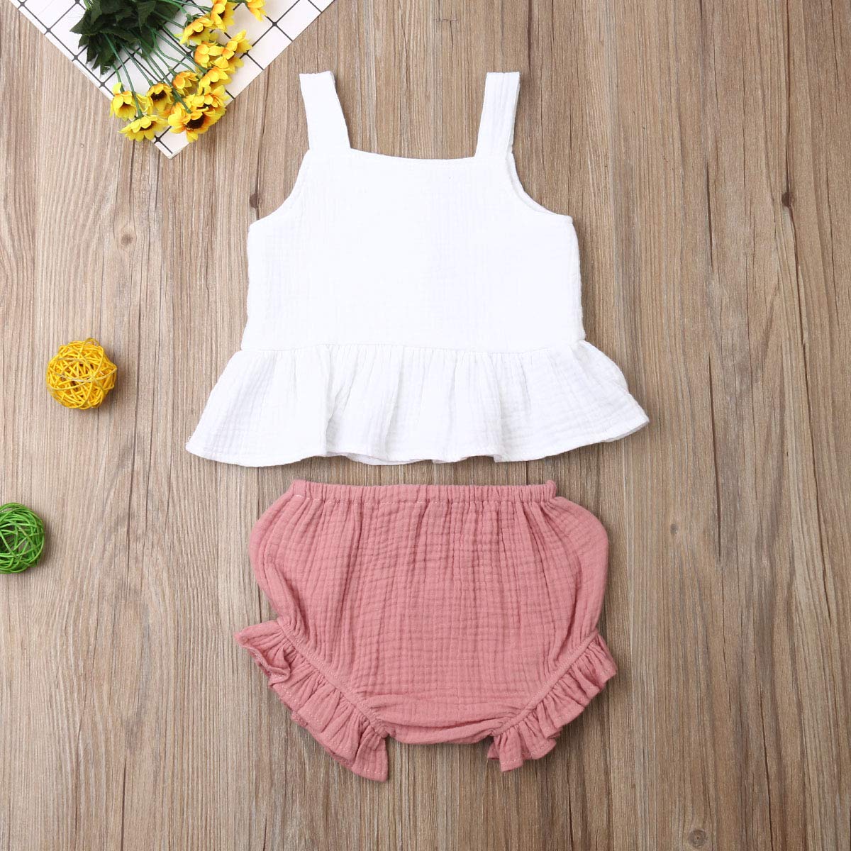 Toddler Kids Baby Girl Cotton Ruffle Halter Tank Top+ Bowknot Shorts Outfits 2PCS Set (A Pink, 2-3 Years)