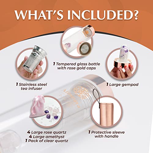 Almeara Crystal Water Bottle with Authentic Amethyst, Rose Quartz & Clear Quartz Removable Gemstones, Loose Leaf Tea Infuser - Relaxation, Healing & Spiritual Gifts for Women - Witchcraft Supplies