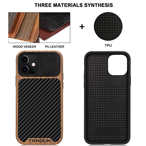 TENDLIN Compatible with iPhone 12 Mini Case Wood Grain with Carbon Fiber Texture Design Leather Hybrid Case