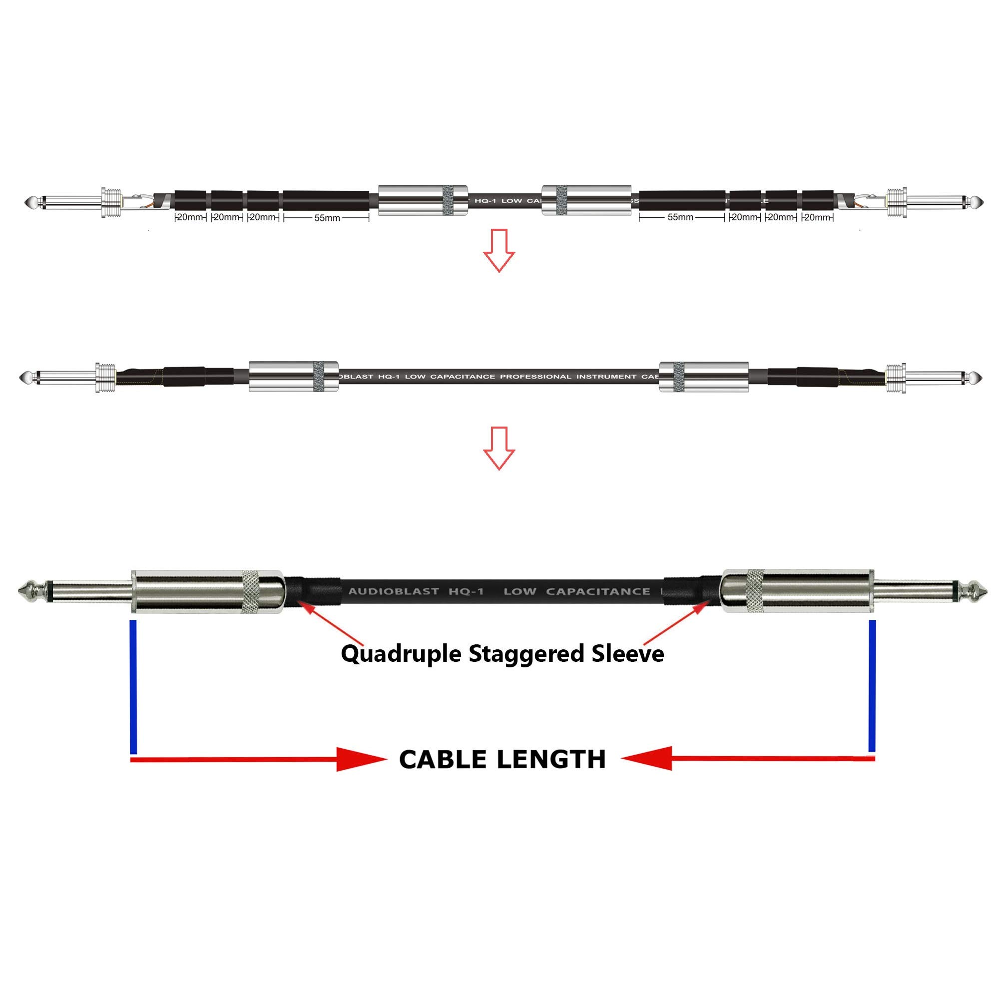 Audioblast - 6 Units (Multi Color) - 8 Foot - HQ-1 - Ultra Flexible - Dual Shielded (100%) - Guitar Instrument Effects Pedal Patch Cable w/Eminence Straight ¼ inch (6.35mm) TS Plugs & Quad Boots