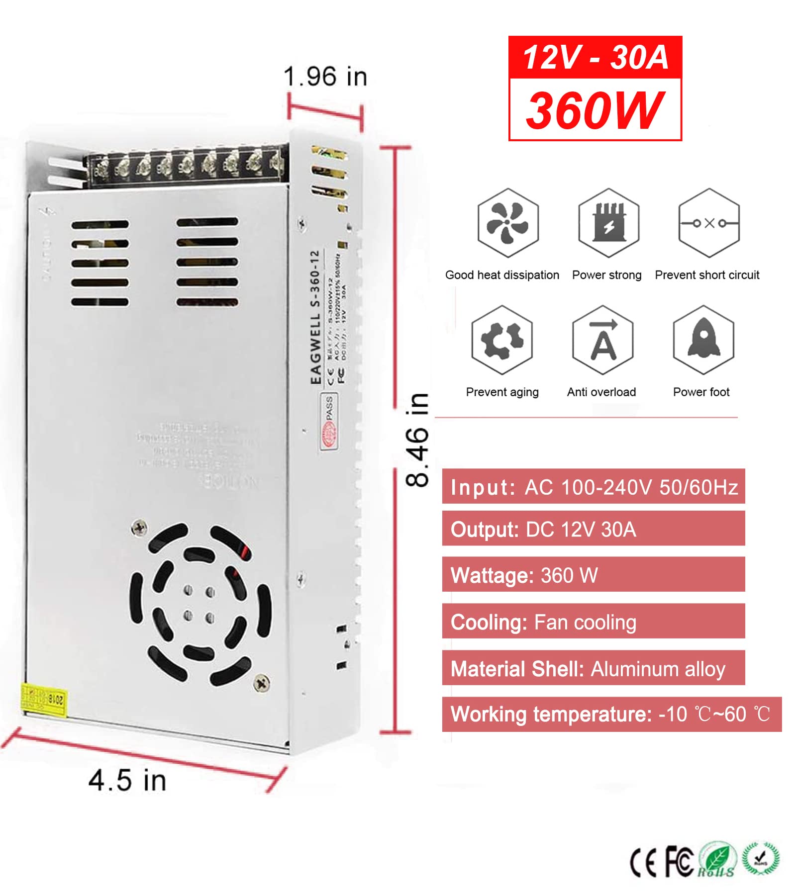 DC 12V 30A Power Supply 360W Universal Regulated Switching AC to DC Converter AC 110V/220V (SMPS) Transformer Driver Adapter for LED Strip Light, CCTV Camera Security System, Radio, Computer Project