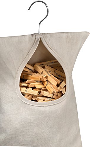 Handy Laundry Clothespin Bag - 11" x 15" - Holds 100 Medium-Sized Clothes Pins, Durable Canvas Material, Hook for Hanging and Effortlessly Sliding on The Clothesline with an Extra-Large Opening.