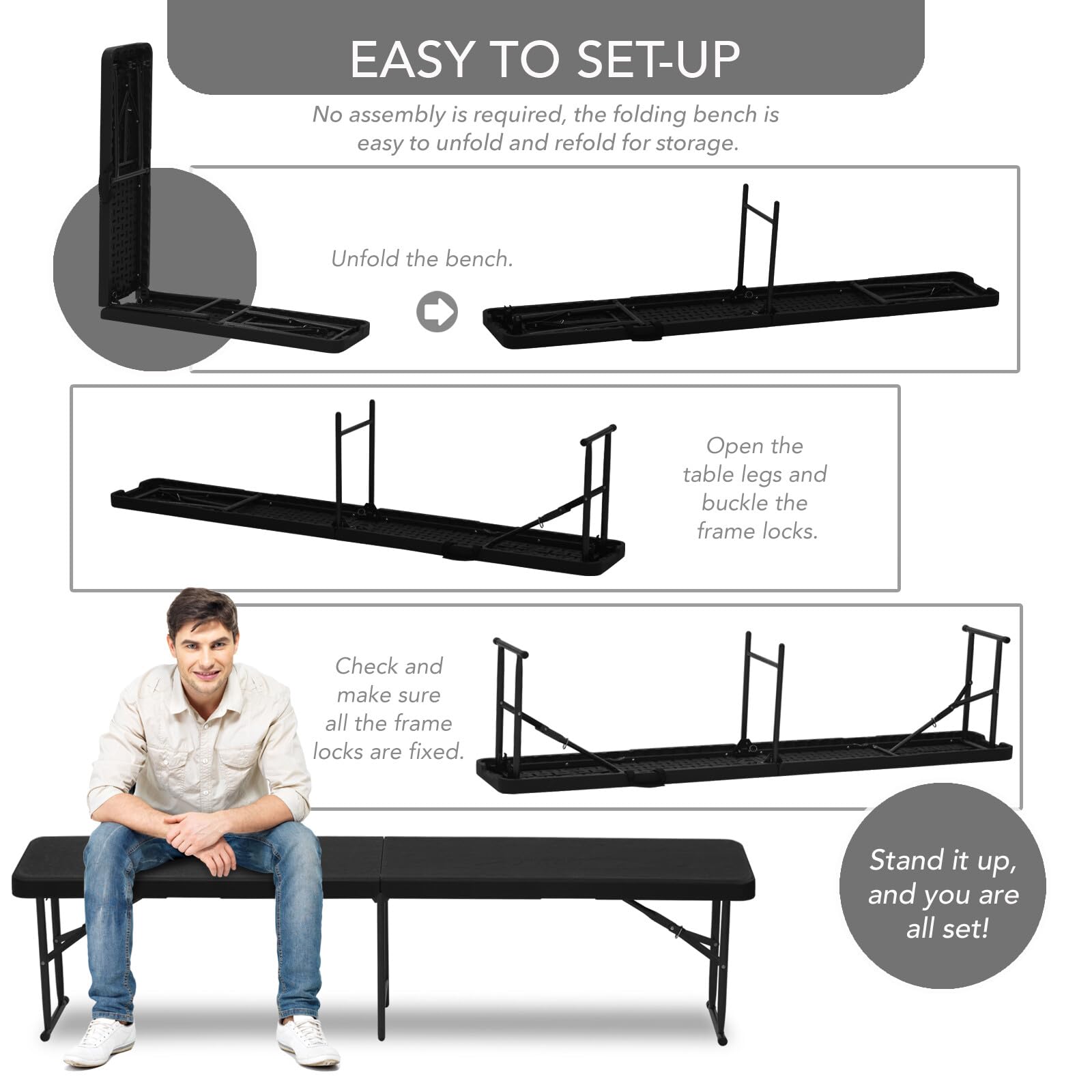 AJP Distributors 2 Pack 6 Foot Portable Plastic Folding Bench 6FT 72" Half Foldable Heavy Duty Seat w/Carry Handle - Indoor Outdoor Backyard Camping Picnic BBQ Party Wedding Dining Event Meeting Black