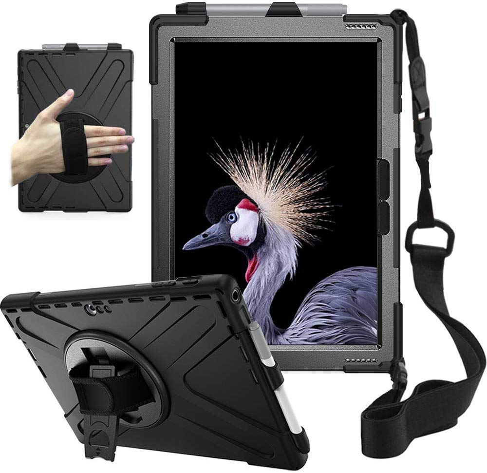 ZenRich Surface Pro 7 Plus/Pro 7 / Pro 6 / Pro 5 / Pro 4 / Pro LTE Case with Pencil Holder, Rotatable Stand, Hand Strap and Shoulder Belt Heavy Duty Shockproof Full Body Protective-Black