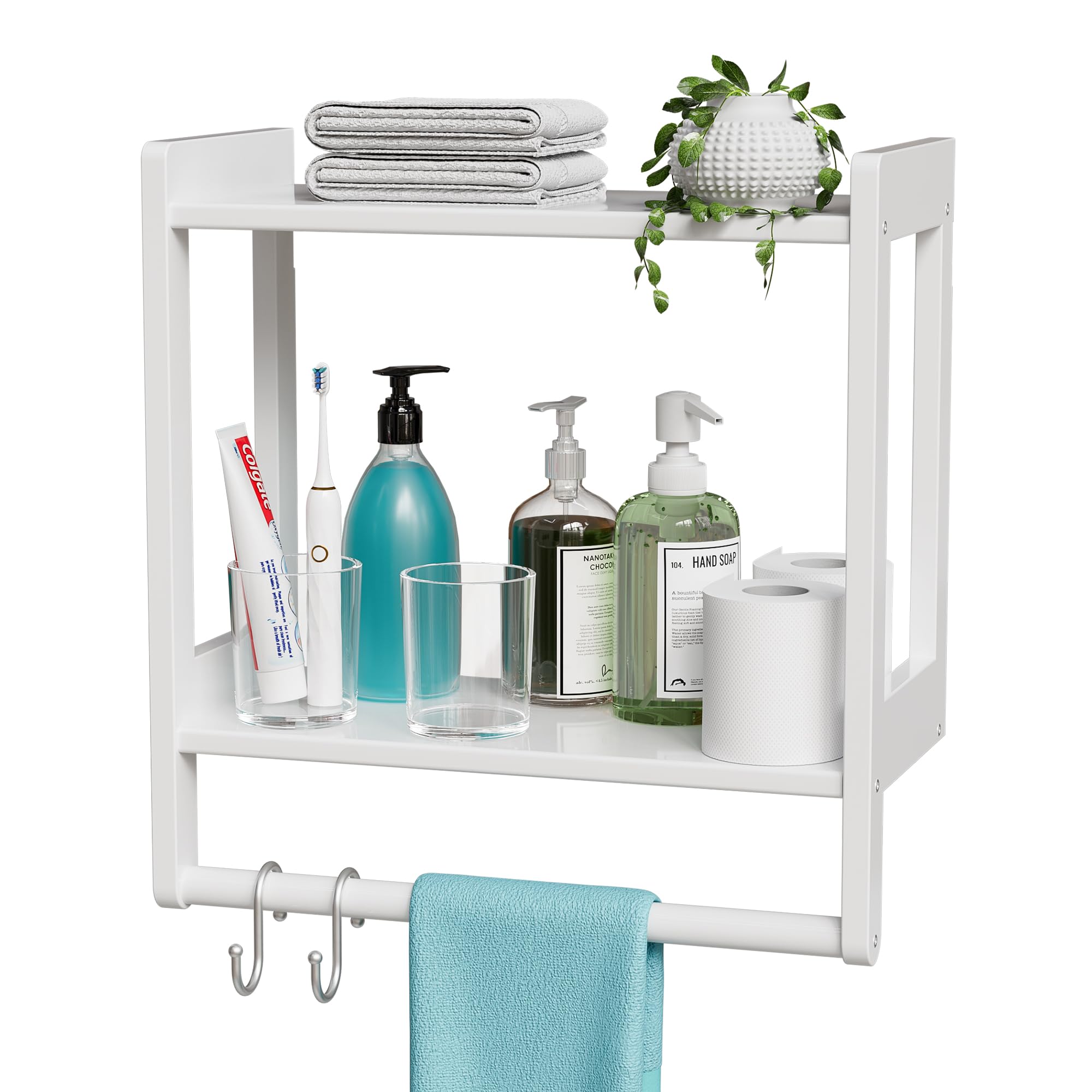 ADREMAN Bathroom Shelf Wall, Over The Toilet Storage Shelves Bamboo Bathroom Shelf Organizer Floating Wall Mounted with Hook and Hanging Rod for Bathroom,Kitchen,Toilet,Living Room (White)