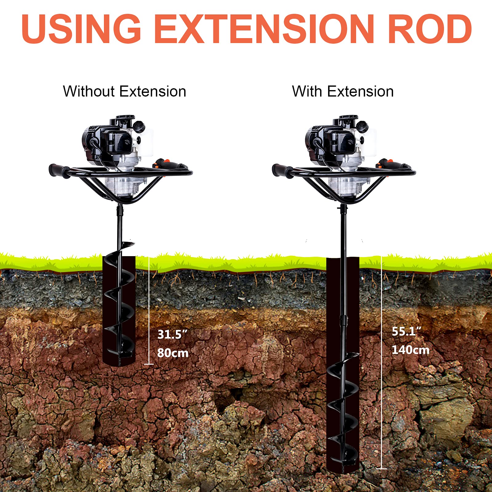 DC HOUSE 52CC 1800W Gas Powered Earth Auger Post Hole Digger, with 2 Drill Bits 6" 10" and 3 Extension Rods 8" 12" 20", Mixing Ratio 30:1, for Farmland Garden and Planting, EPA Certified