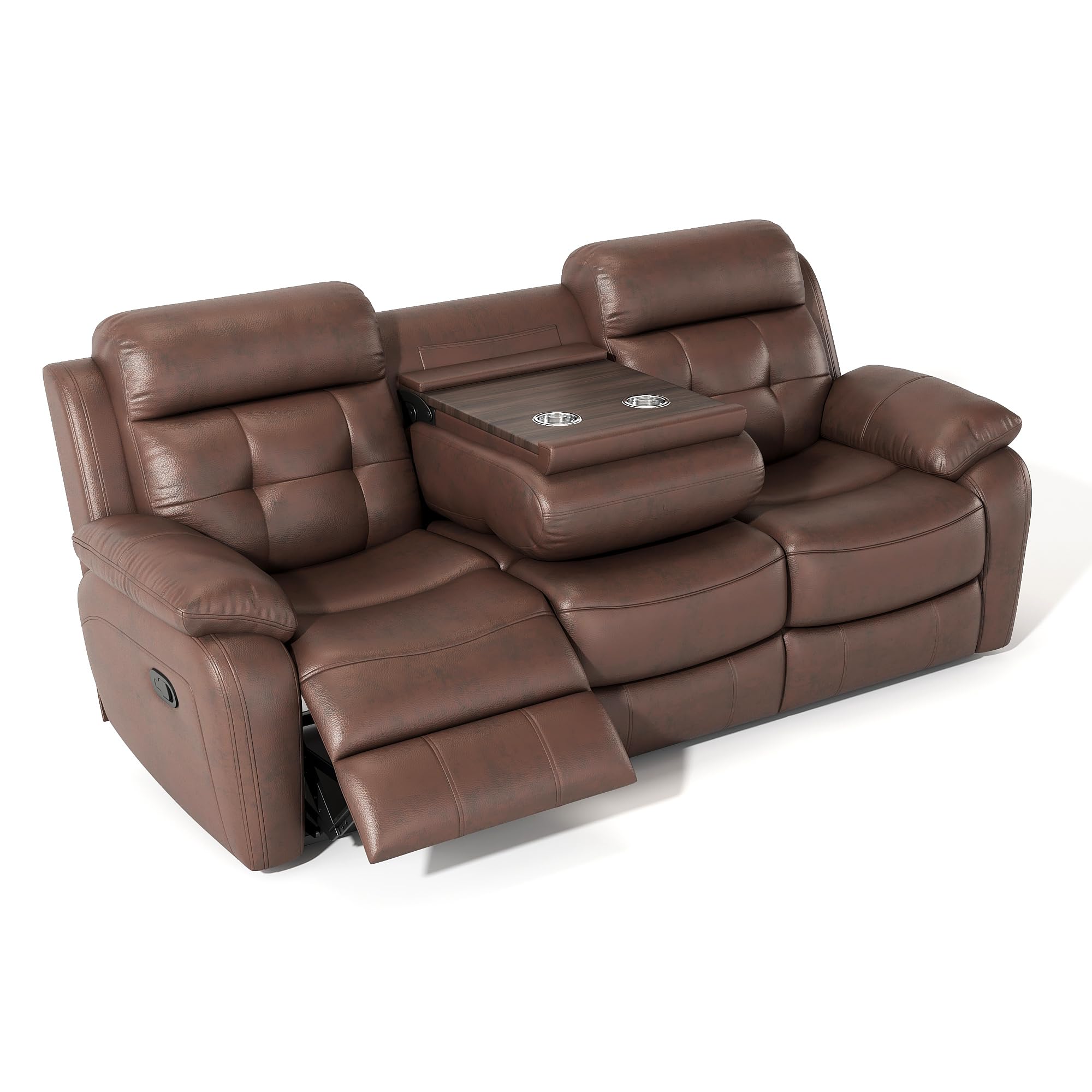 Familymill Genuine Leather Manual Reclining Sofa Couch with Drop Down Table, Stainless Steel Cupholders, and Magazine Bag for Living Room Home Theater Office