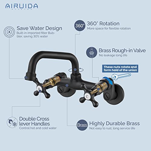 Airuida Matte Black Wall Mount Kitchen Faucet, 6 Inch(15cm) Spout Wall Mount Laundry Sink Faucet, Adjustable Center Double Handles Hot and Cold Water Mixer Tap 360 Rotatable Restaurant Faucet