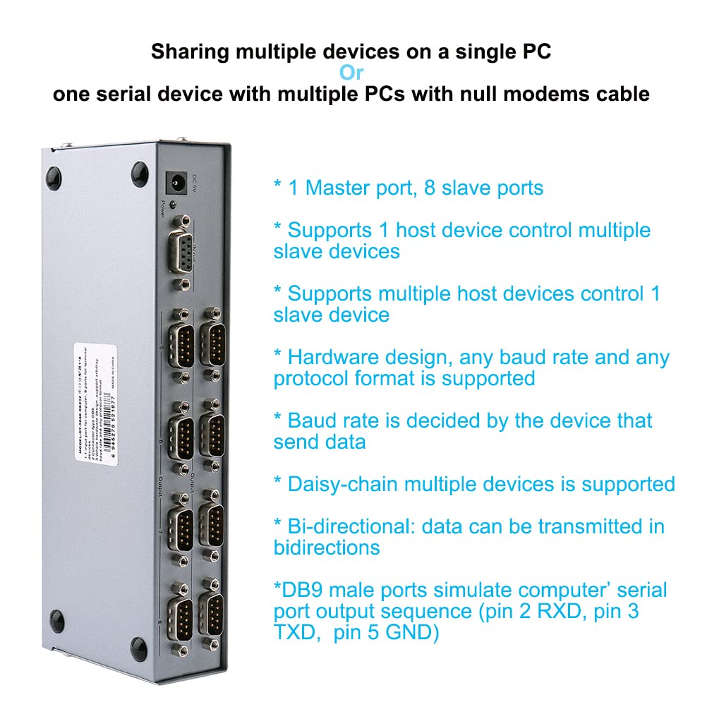 DTech Serial Splitter 8 Port Industrial RS232 Expander COM Port Switch Box with Power Adapter for Sharing PCs and Capture Data - 1x8
