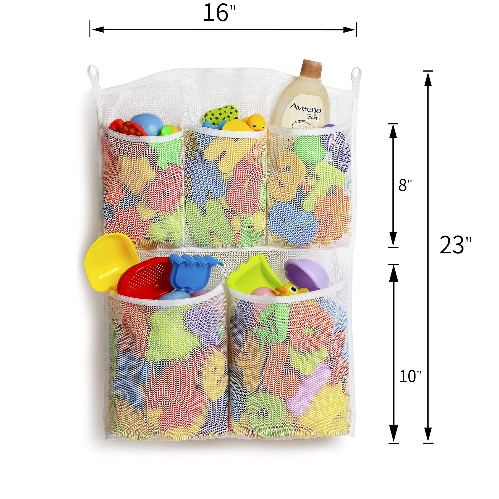 Mesh Bath Toy Organizer, 4 Ultra Strong Hooks, Bathtub Storage Bag, Multi-purpose Baby Toys Net, Toddler Shower Caddy for Bathroom, Kids Toy Holder with 5 Soap Pockets (16" x 23", White, M)