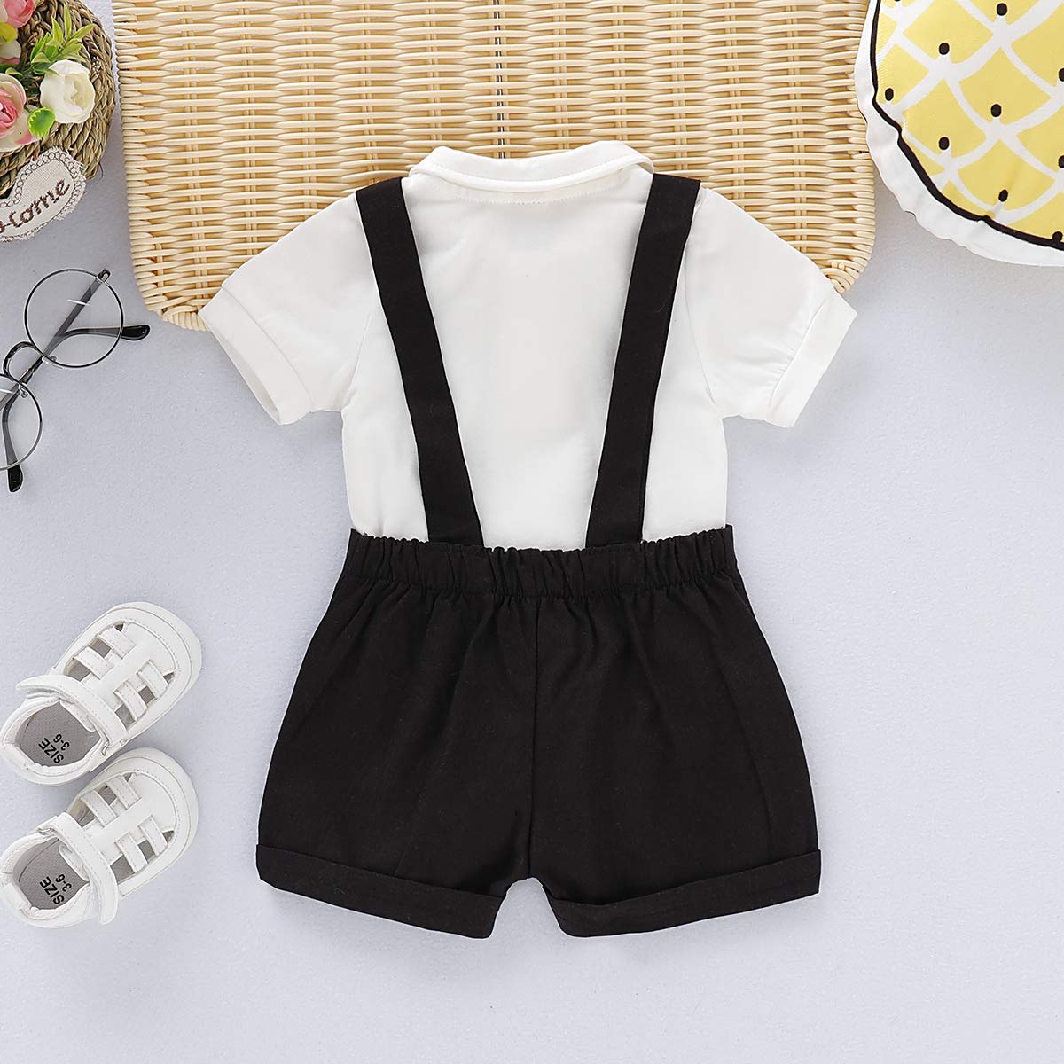 RUSHAIBAR Baby Boys Formal Outfits Suit Set Romper Suspenders Shorts Pants Bowtie Wedding Tuxedo Cake Smash Clothes black 18-24 Months