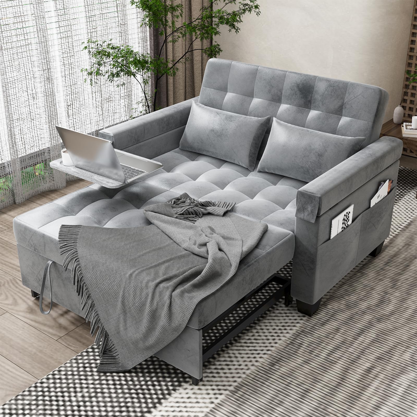 Buenhomino 3 in 1 Convertible Sofa Bed, Modern Futon Pull Out Sleeper Couch, 48'' Velvet Loveseat Chaise Lounge with Adjustable Backrest Pillows, Hidden Side Table for Living Room, Small Space Grey