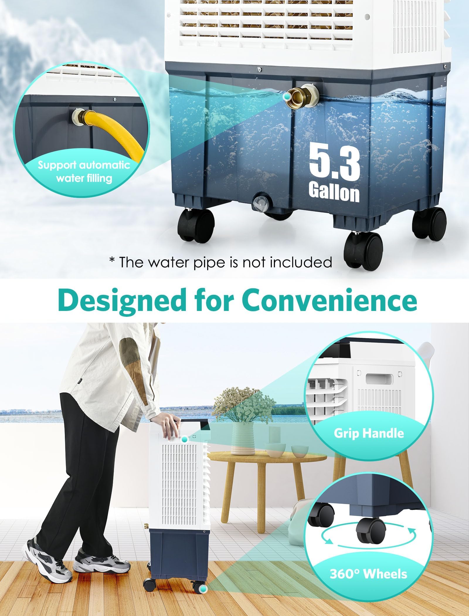 Air Choice Evaporative Air Cooler, 1800CFM Swamp Cooler with 12H Timer, Remote Control, 110° Oscillation & 5.3 Gal Water Tank, 4 Ice Packs, 3 Speeds, 3-in-1 Evaporative Cooler for Outdoor Indoor Use