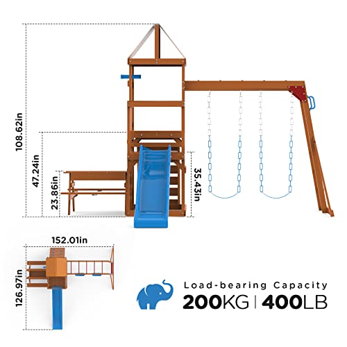Dolphin Playground Cedar Wooden Swing Sets for Backyard, Outdoor Playset for Kids with Monkey Bar, 2 in 1 Outdoor Table, Wave Slide, Climbing Wall, and 2 Belt Swings, Playground Sets for Backyards