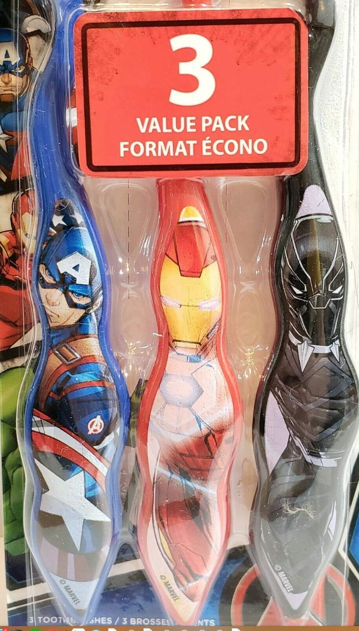 Firefly Avengers Toothbrush Pack (3) Toothpaste Kit Features Avenger Characters Iron Man Captain America Black Panther Travel Dental Set for Kids.