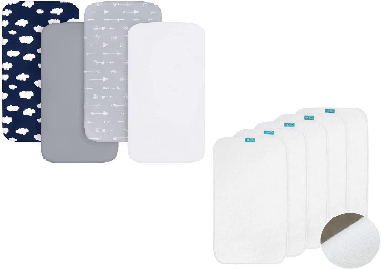 5 Count Changing Pad Liner, Larger Changing Pad Cover 28" X 15", Cotton Flannel, Absorbent & Skin-Friendly (Solid Improved Thickness)/ Bassinet Sheets for Boys and Girls (33" x 20") 4 Pack