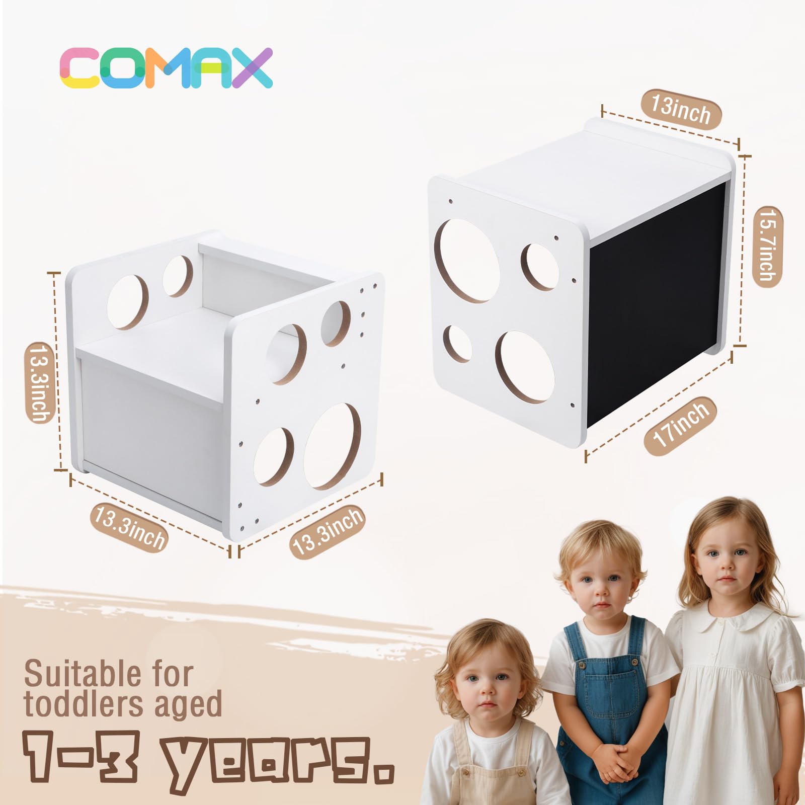 COMAX 3-in-1 Weaning Table Cube Chair Montessori Baby Table and Chair Set for Toddlers 1-3, Small Toddler Chair and Table Set, Wood Single Infant Activity Dining Table