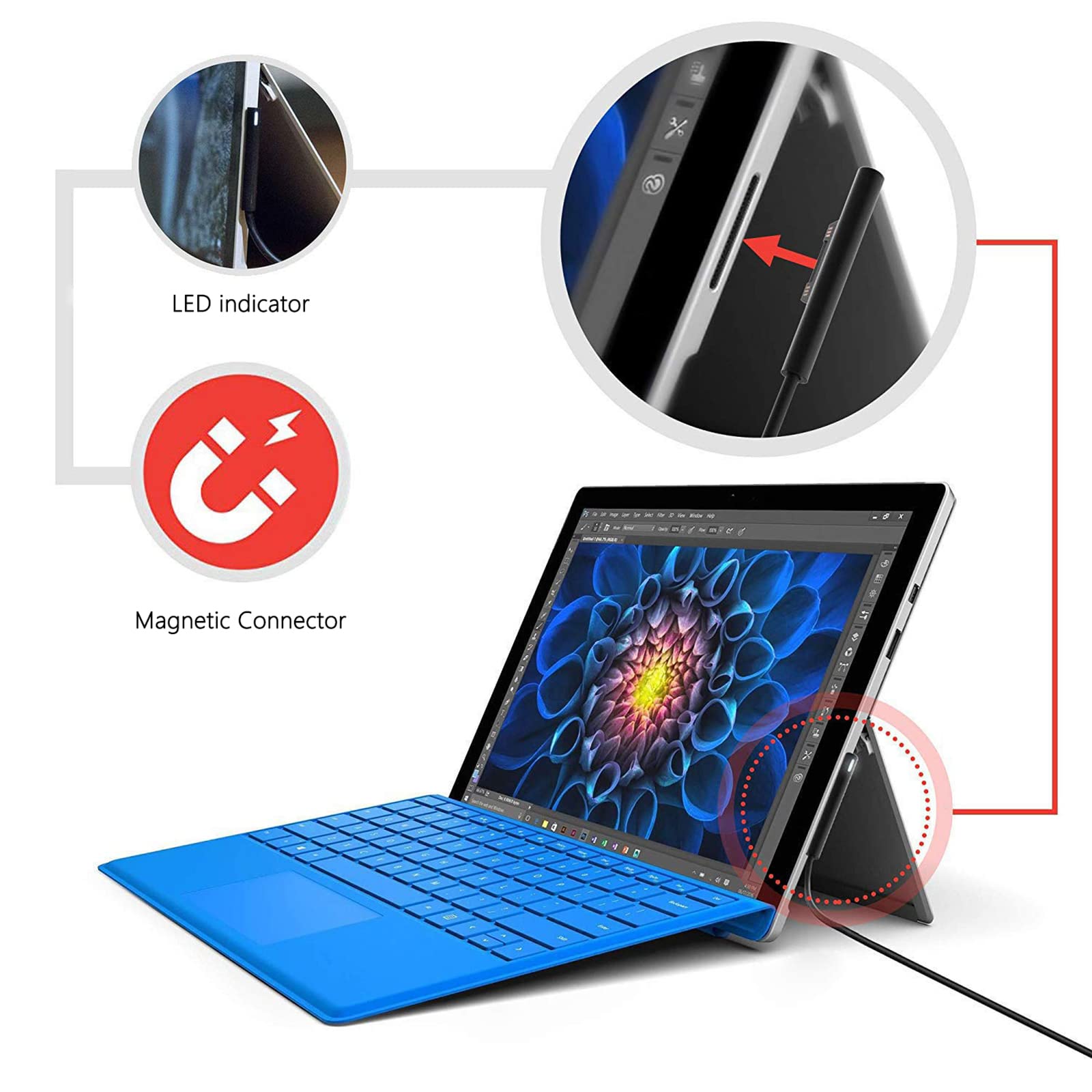 Sisyphy Metal Braided Surface Connect to USB-C Charging Cable (Bright Black 5ft), Compatible for Microsoft Surface Pro7 Go2 Pro6 5/4/3 Laptop3/2/1, Works with 45W 15V3A USBC Charger Power Supply