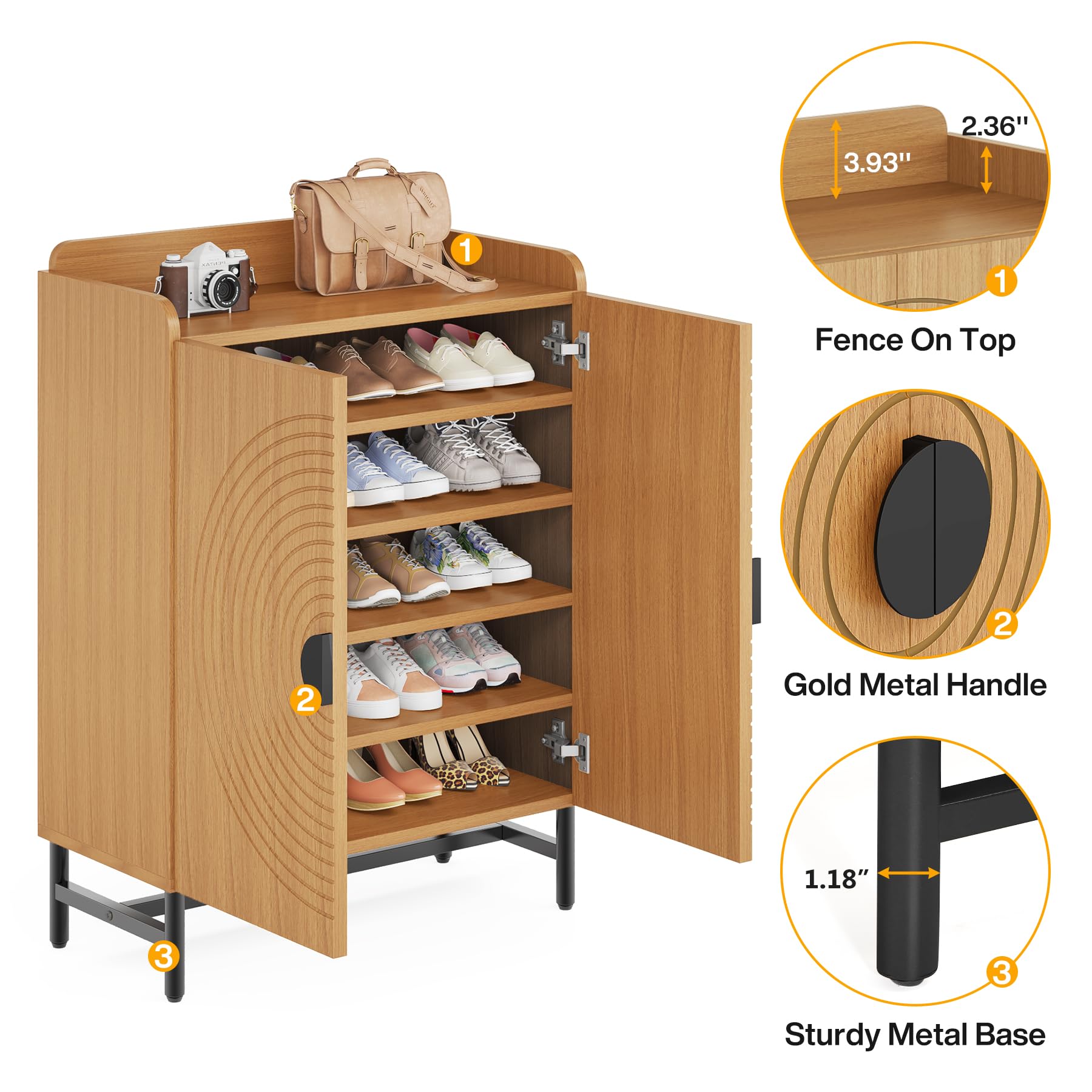 Tribesigns 6-Tier Shoe Cabinet with Doors, Shoe Storage Cabinet with Adjustable Shelves, Modern Wood Shoe Rack Shoe Storage Organizer for Entryway, Hallway (Brown & Black)