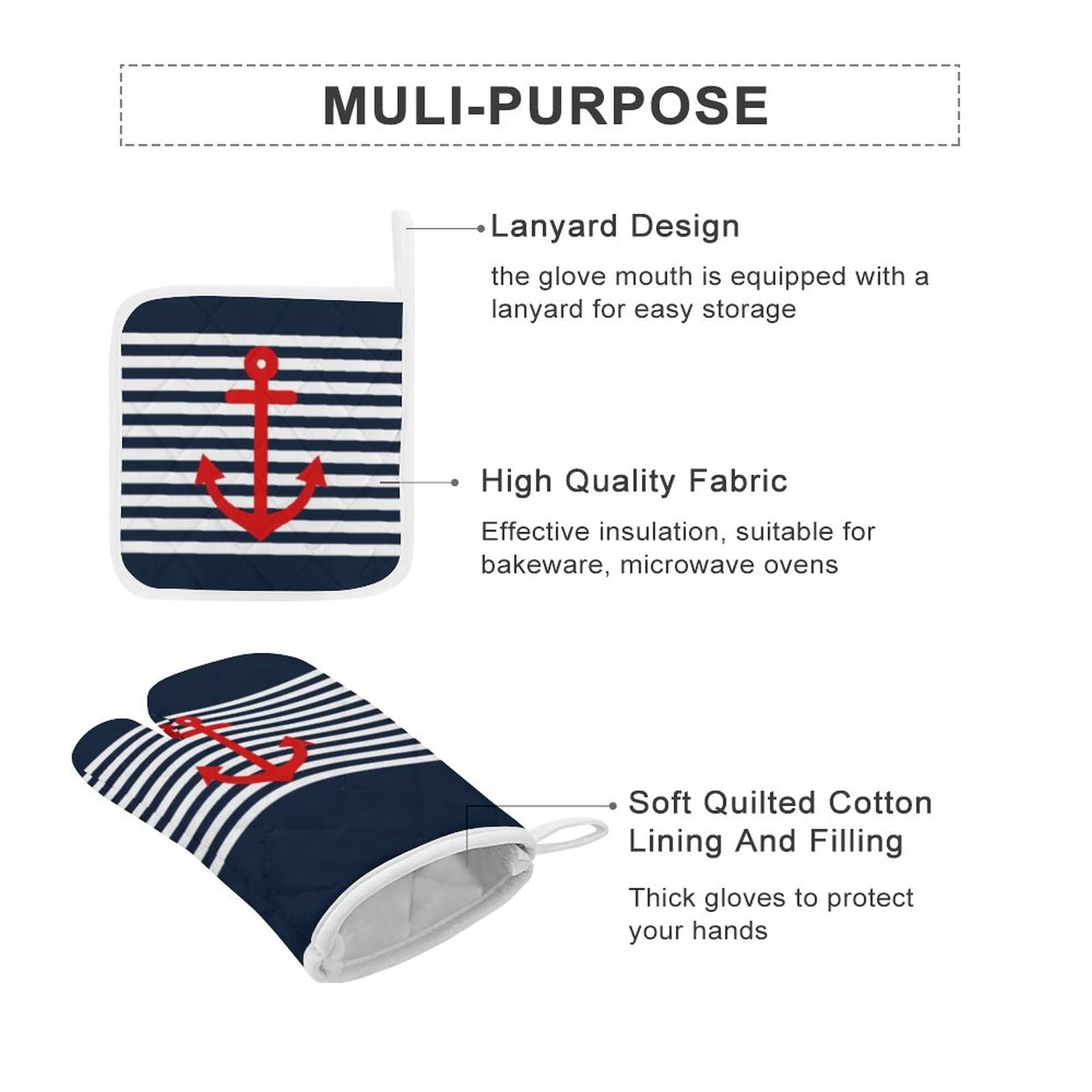 4PCS Oven Mitts Glove Kitchen Heat Resistant Pot Holders Set Navy Blue Nautical Kitchen Microwave Oven Gloves Mitts Anti-Scald Baking Cooking Gloves