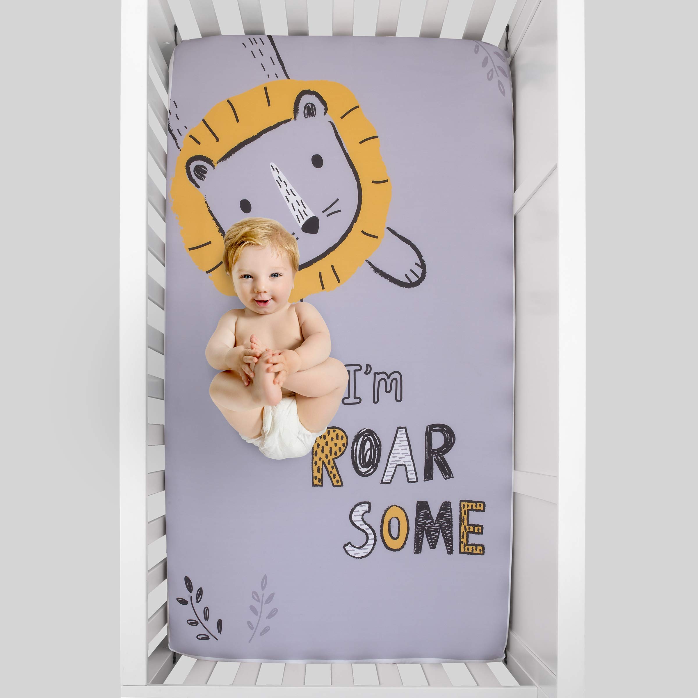 Little Love By Nojo Roarsome Lion, Grey, Yellow, White "I'M Roar Some" Photo Op Fitted Crib Sheet, Yellow, Grey, White, Charcoal