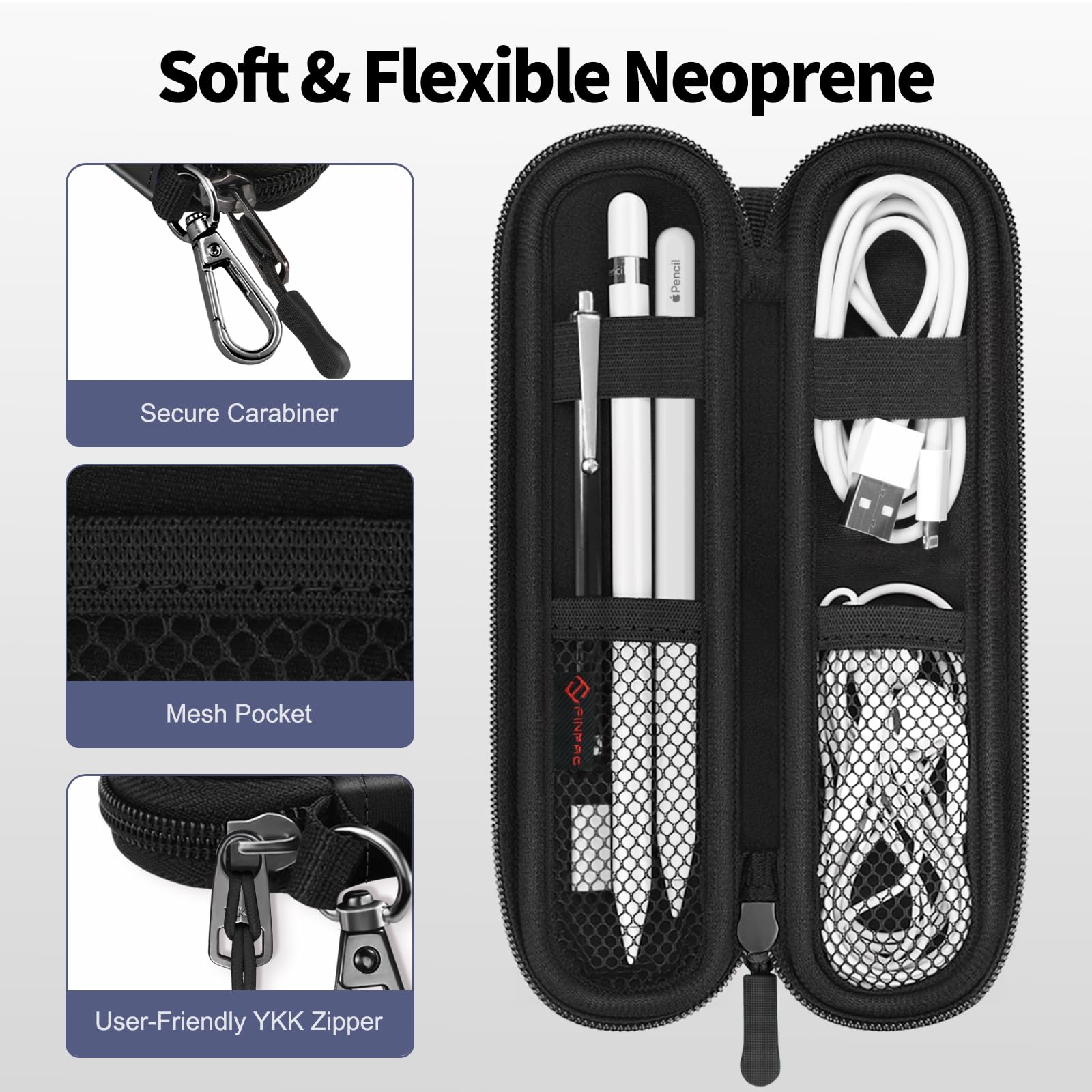 Fintie Pen Holder Case for Apple Pencil Pro, Apple Pencil (USB-C / 1st / 2nd Generation), Soft Neoprene Zipper Carrying Bag Sleeve Pouch for Samsung Stylus, Surface Pen, Black