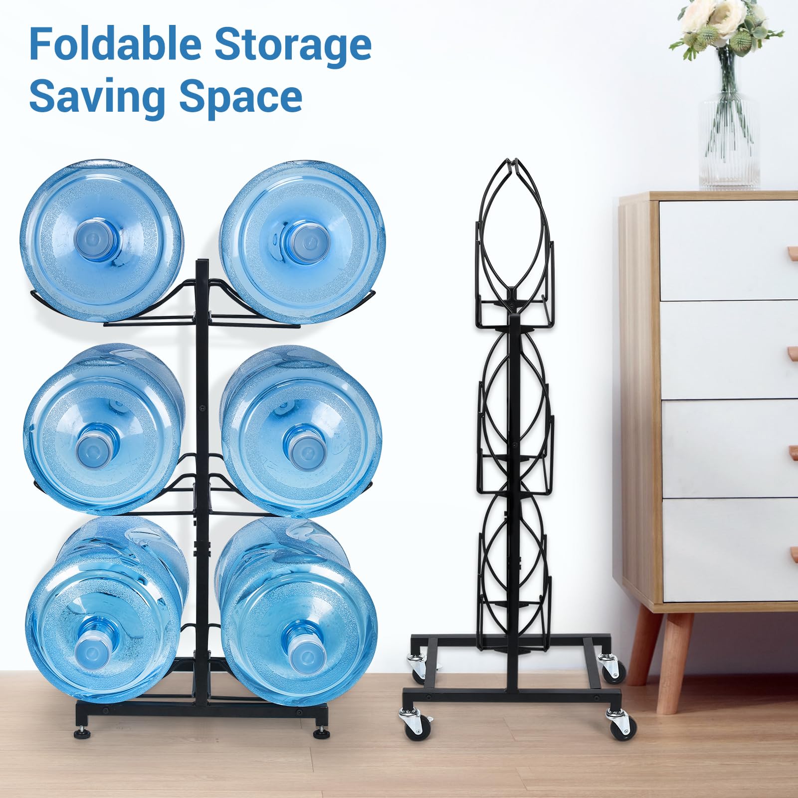 5 Gallon Water Bottle Holder with 4 Wheels, Heavy Duty Foldable Water Jug Stand 3-Tier Movable 5 Gallon Water Jug Holder Water Dispenser Rack for 6 Bottles, Black