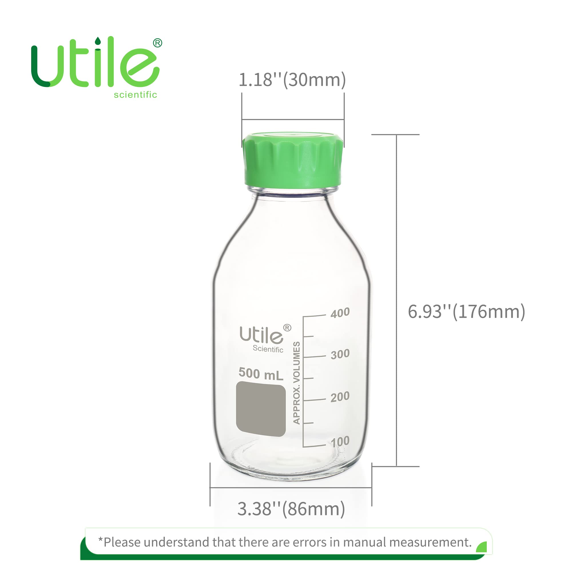 Utile Media Bottle, 3.3 Borosilicate Glass Bottles with GL45 Screw Caps, 4pcs of 500ml(16.9oz) Lab Media Bottles, PP Material Media Storage Bottle, 4038.0500.4