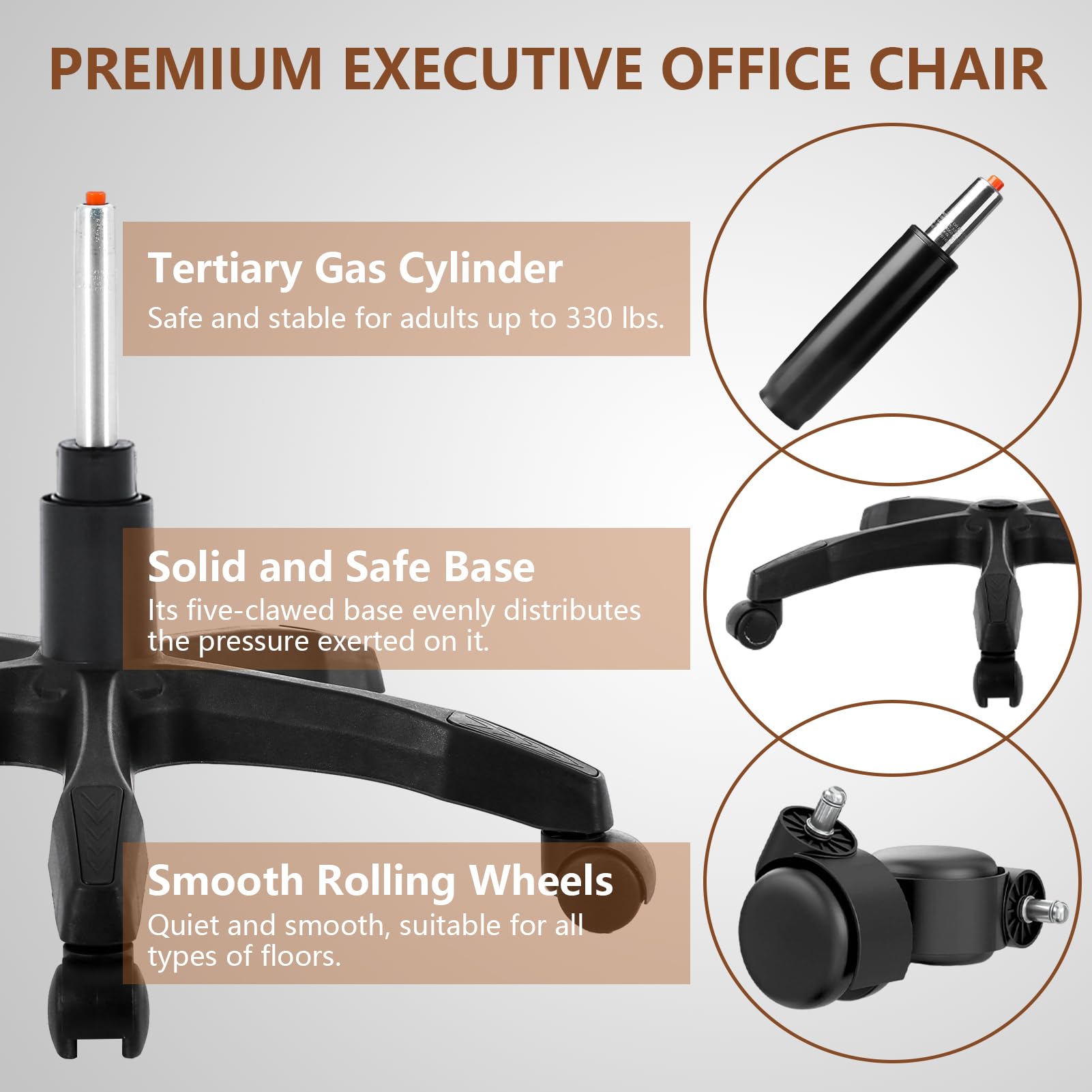 Bioopts Ergonomic Office Chair Executive Seat Upholstered Task Chair High Back Armrests Lumbar Support Adjustable Height Reclining 360 Degree Swivel PU Leather