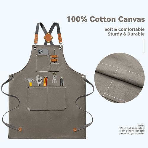 Bluegogo Chef Aprons for Men Women, Cotton Canvas Cross Back Adjustable Apron with Large Pockets for Kitchen Garden Salon (Grey)