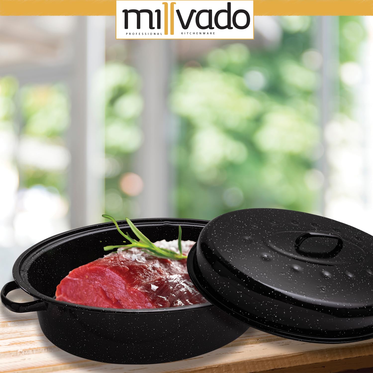 Millvado Roasting Pan With Lid, Thanksgiving Turkey Roaster Pan, Extra Large 20 lb Capacity, 19" Granite Oven Roaster Oval Shaped Speckled Enamel on Steel Cookware