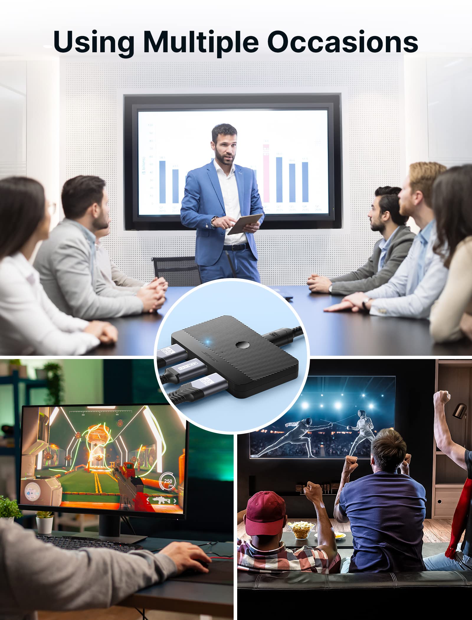 4k@60Hz HDMI 2.0 Switch Splitter with 3.3FT HDMI Cable, JSAUX HDMI Switcher 3 in 1 Out, 3 Port HDMI Selector, Support 4K, 3D, HDCP 2.2, 1080P, HDR Compatible with PS5, PS4, HDTV, Fire Stick, Roku, PC
