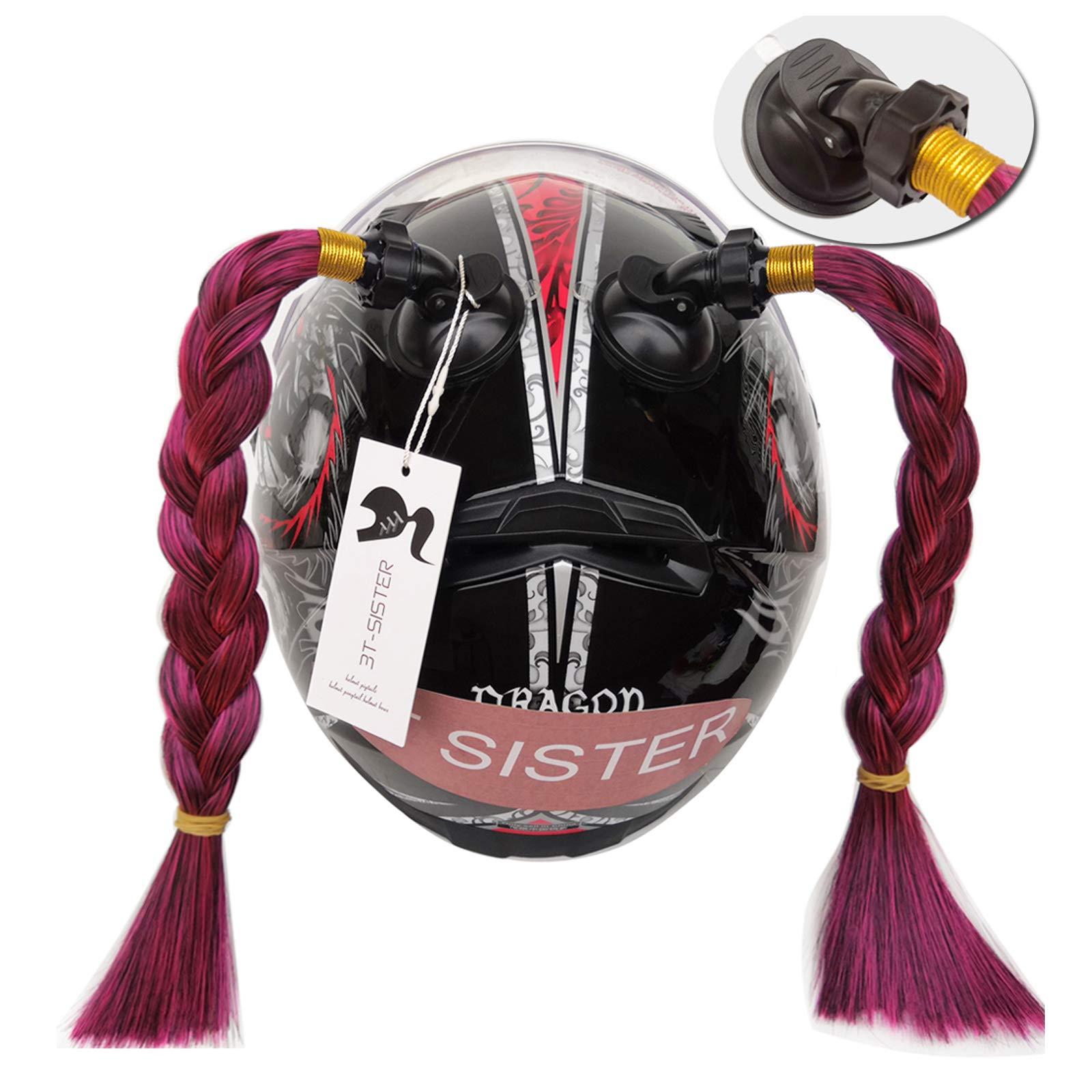 3T-SISTER Pigtails for Helmets Works on Matte Helmets Hair Decoration for Motorcycle Bike Bicycle 2PCS 14inch Red Mixed Black Color (Helmet not Included)