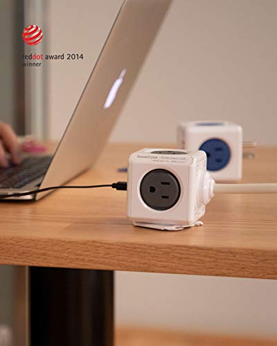 Allocacoc, PowerCube |ExtendedUSB|, 4 outlets, 2 USB Ports, 5 feet cable, Mounting dock, Surge Protection, Childproof Sockets, ETL Certified (Green)