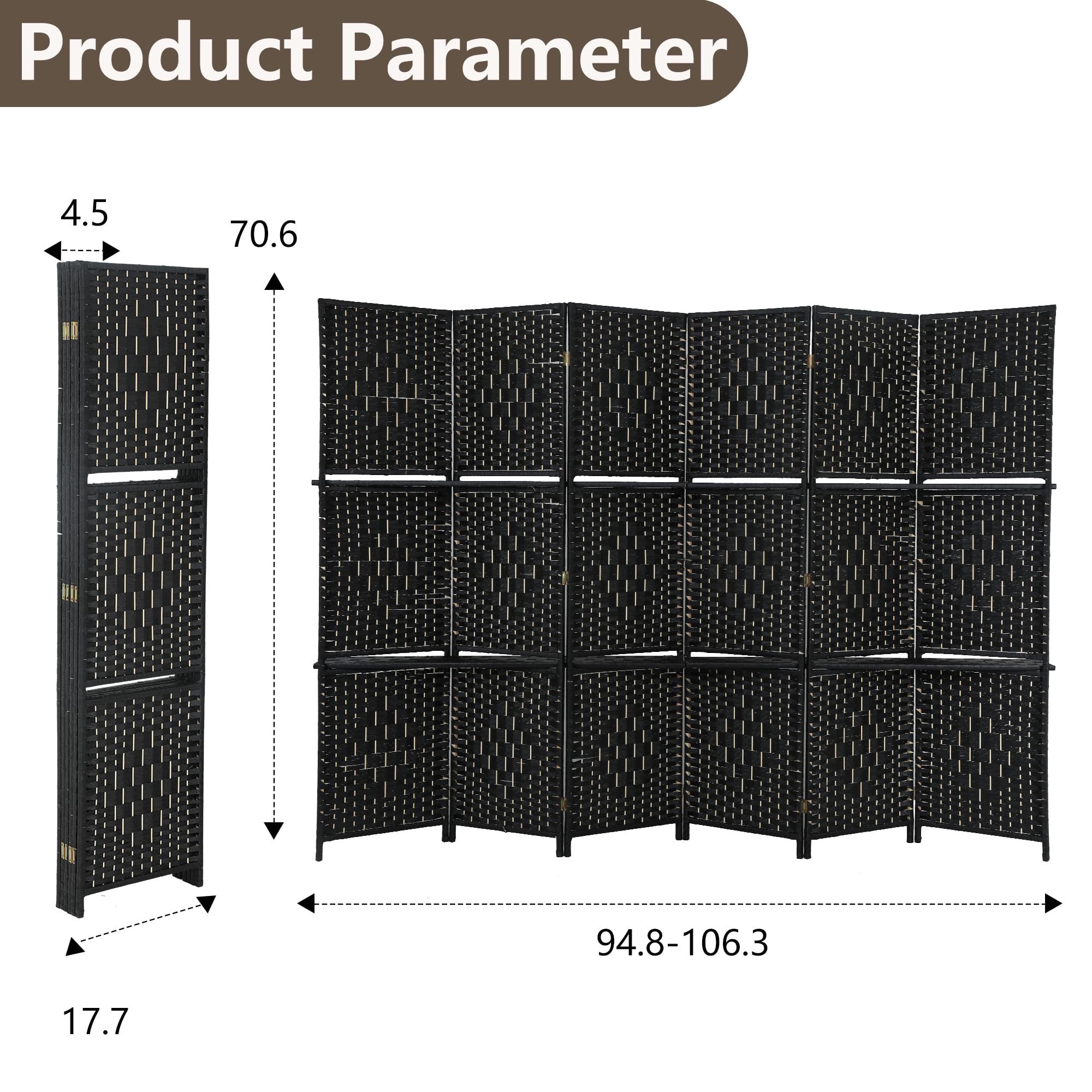 Room divider 6 panel room screen divider wooden screen folding portable partition screen wood with removable storage shelves colour,Black