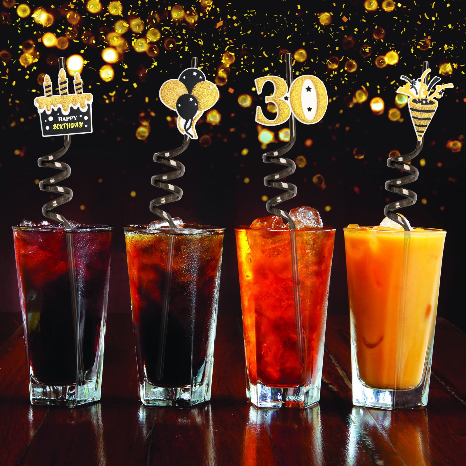 24 PCS 30th Birthday Party Decorations Straw Decor Plastic Reusable Glitter Straws for 30th Birthday Party Decor Cut-Out Number 30 Party Decorative Supplies for Women Men with 2 Brush