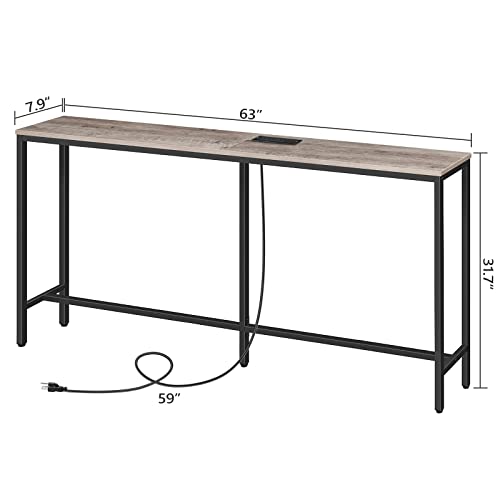 ALLOSWELL Console Table with Power Outlet, 63" Narrow Sofa Table and Bar Stools Set, Rectangular Industrial Bar Chairs, CTHG16E01-BAHG0101