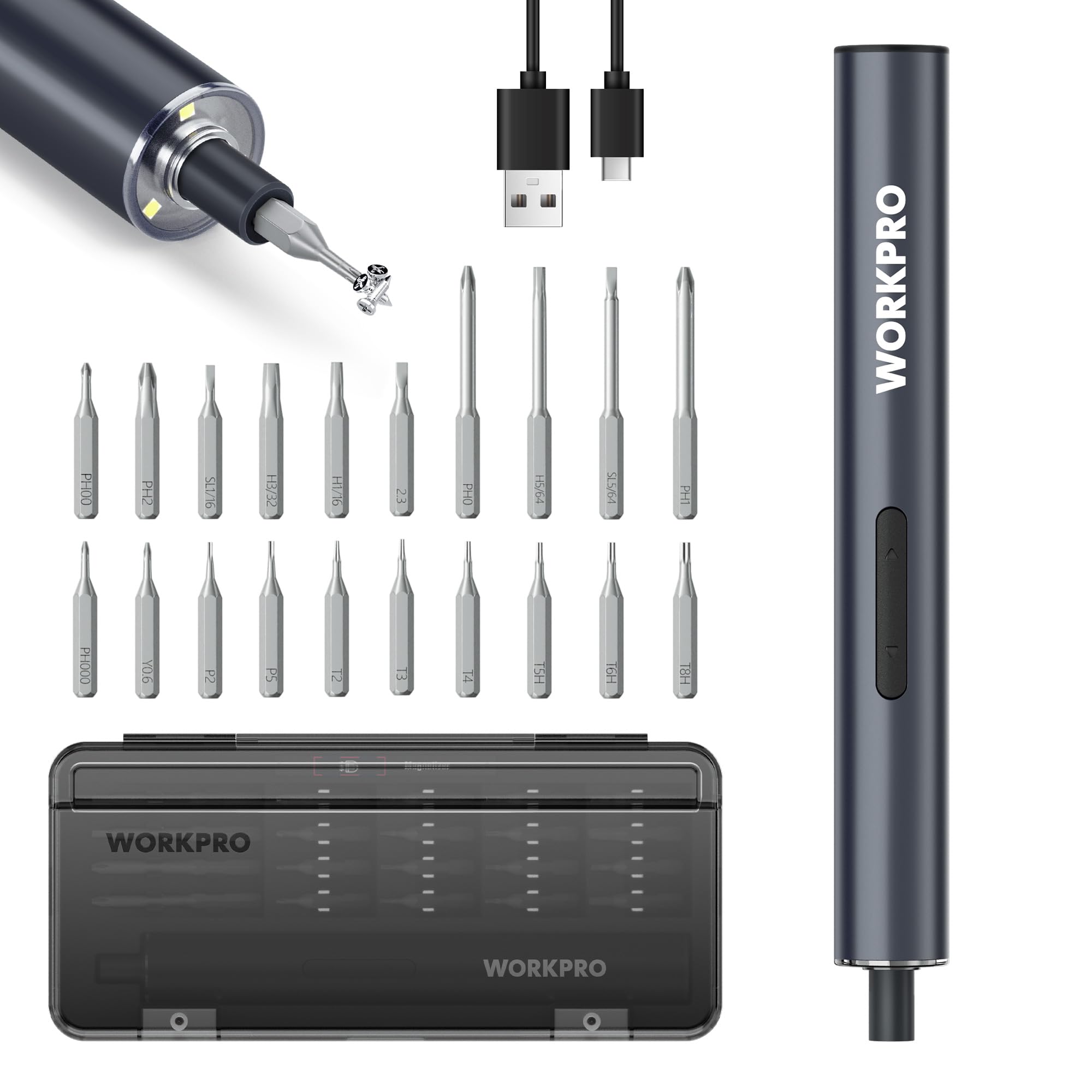 WORKPRO Mini Electric Screwdriver, 20 in 1 Electric Precision Screwdriver with Magnetizer and S2 Steel Bits, Max 4.0V Magnetic Rechargeable Cordless Screwdriver Kit for Phone, Camera, Laptop
