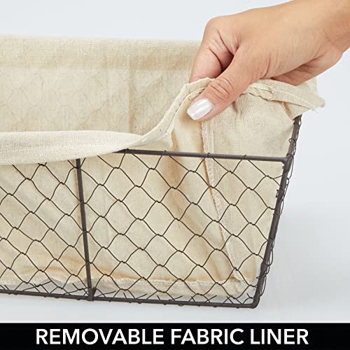 mDesign Medium Metal Farmhouse Home Storage Organizer Basket - Chicken Wire Design, Fabric Liner for Kitchen, Bathroom, Living Room, Pantry, Cupboard, Shelves, Countertop, 2 Pack - Bronze/Natural