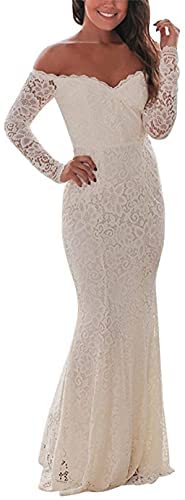 BeneGreat Women's Long Sleeve Elegant Lace Evening Mermaid Maxi Foraml Party Wedding Dress White