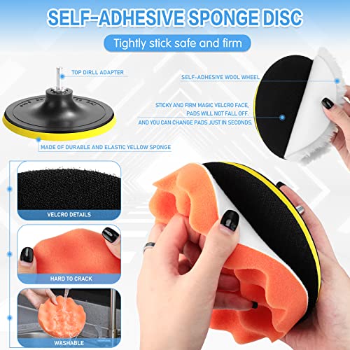 40 Pcs Car Polishing Kit Include 28 Pcs 5-6 Inch Microfiber Car Polishing Bonnet Pads 10 Pcs 6 Inch Wool Sponge Buffing and Foam Polish Pads Wax Buffer Polisher with Drill 2 Pcs Chenille Car Wash Mitt