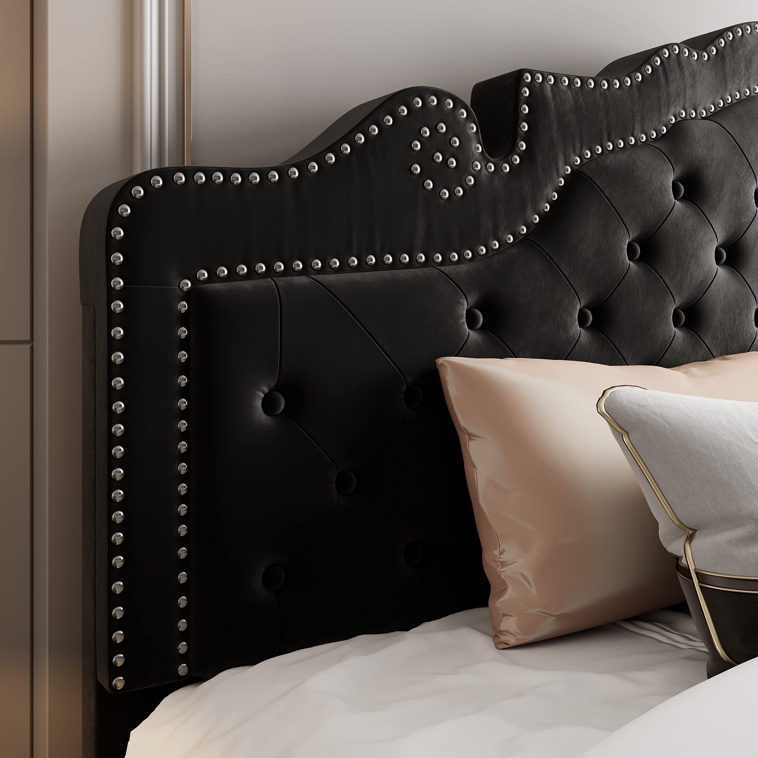 Allewie King Bed Frame with Adjustable Velvet Tiara Headboard, Upholstered Diamond Button Tufted Platform Bed, Wood Slats Support, No Box Spring Needed, Mattress Foundation, Easy Assembly, Black