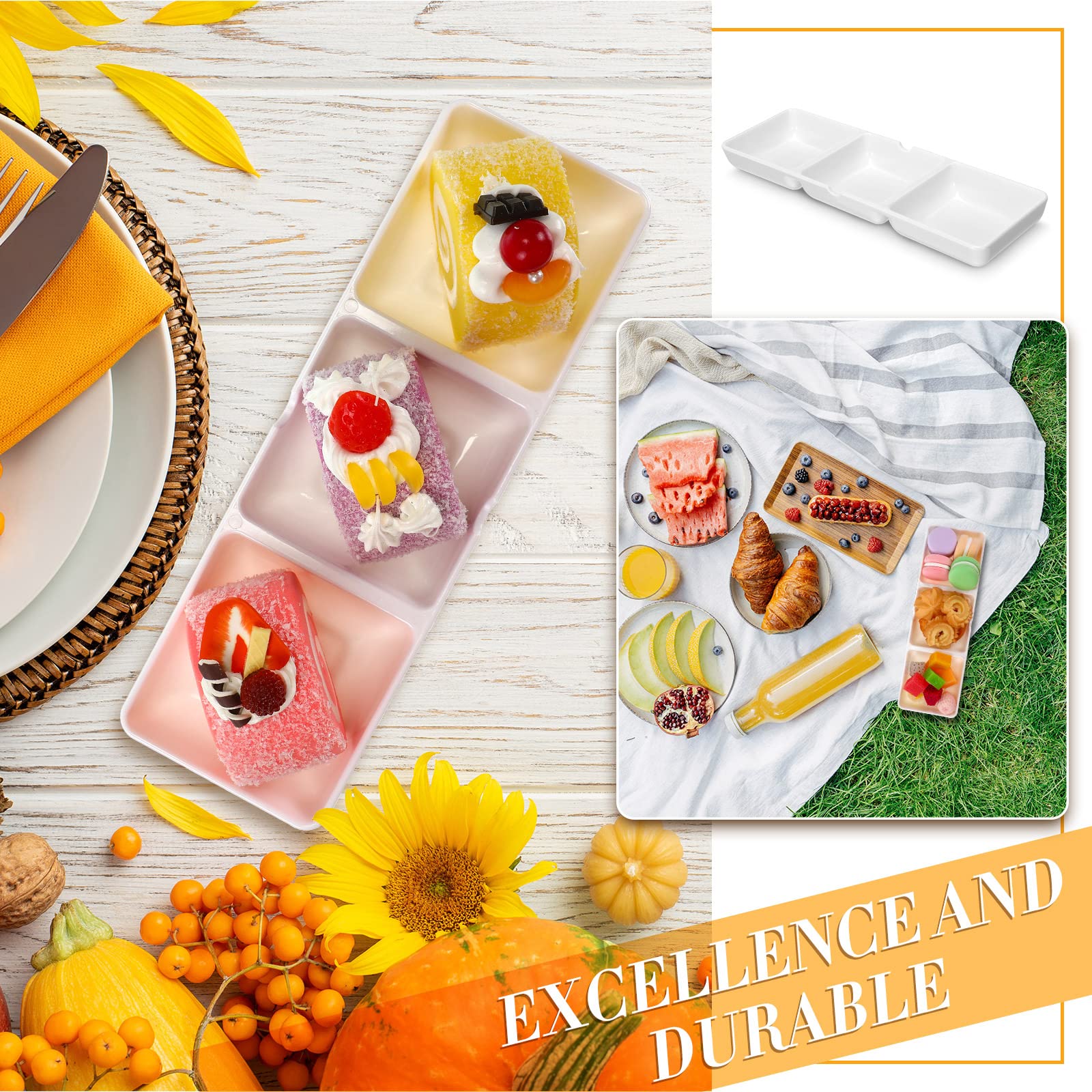 24 Pcs 8.7 x 2.8 Inch 3 Compartment Appetizer Serving Tray Plastic 3 Section Dessert Platters Rectangular Divided Plate White Compartment Serving Dishes Dipping Sauces Dinner Buffet Restaurant Kitchen