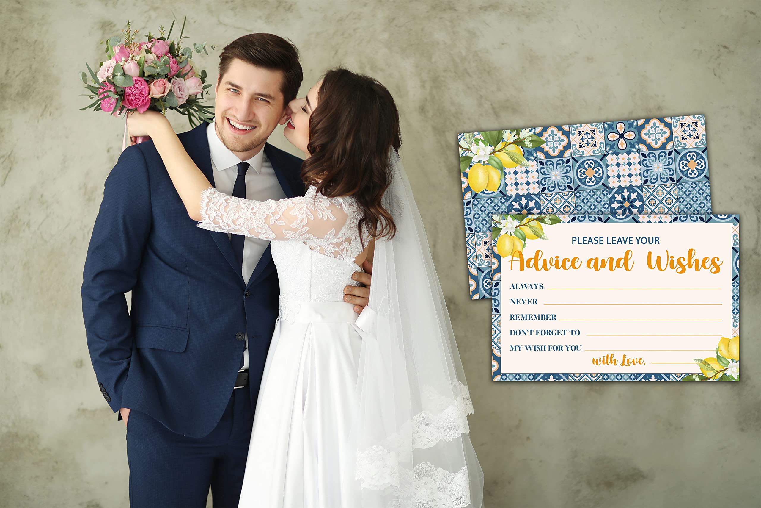 Advice and Wishes Cards, Mediterranean Lemon Bridal Shower Advice & Wishes for the Mr & Mrs, Italian Blue Wedding Reception/Engagement Party Supplies Decorations - 01(25 Pack)