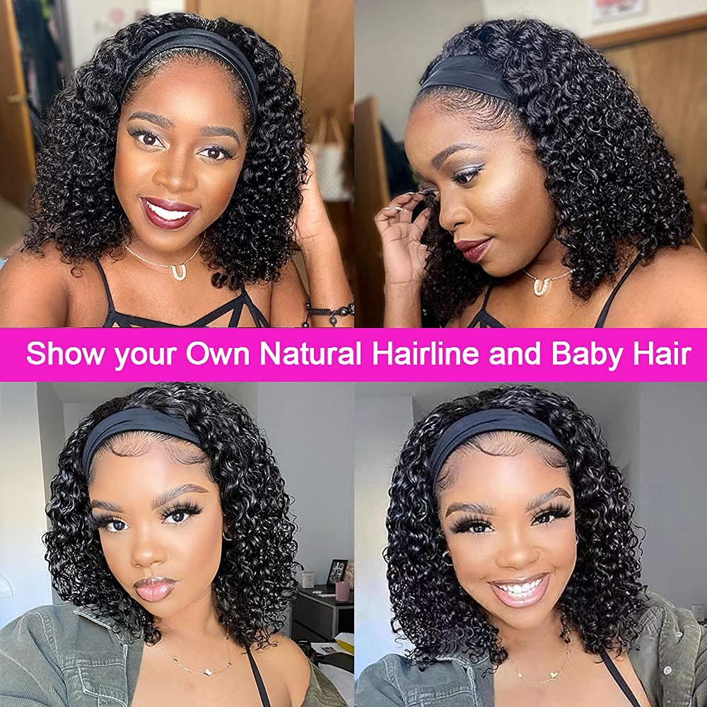 Glueless HeadBand Wig Curly Human Hair Wig None Lace Front Wigs for Black Women Deep Wave Machine Made Wigs Natural Color 180% Density (12inch)