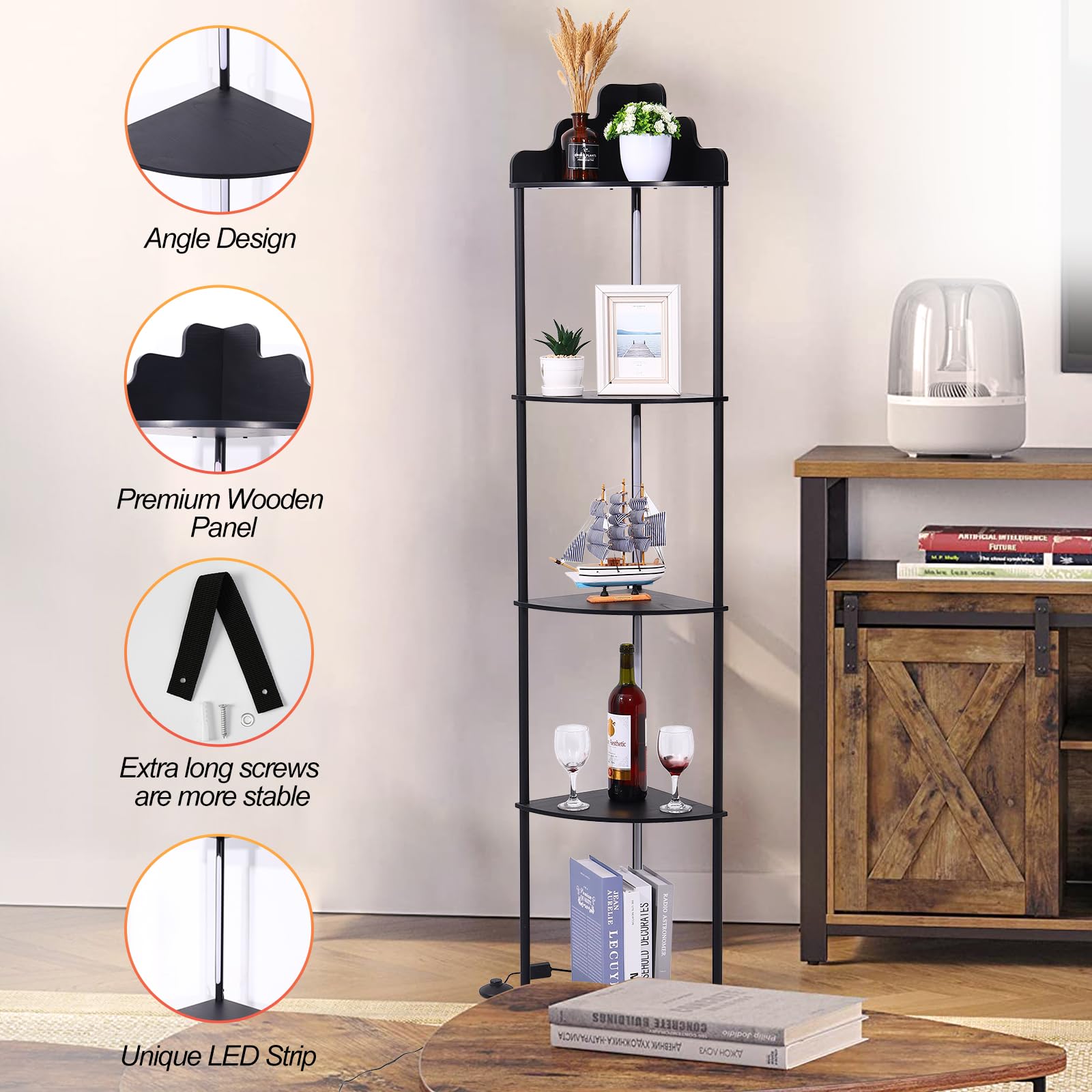 Sierjian 5 Tier Corner Shelf with Light, 70" Tall Corner Bookshelf with Light Display Shelf for Collectibles, Dimmable Tall Floor Light for Living Room, Bedroom, Wood Display Shelf