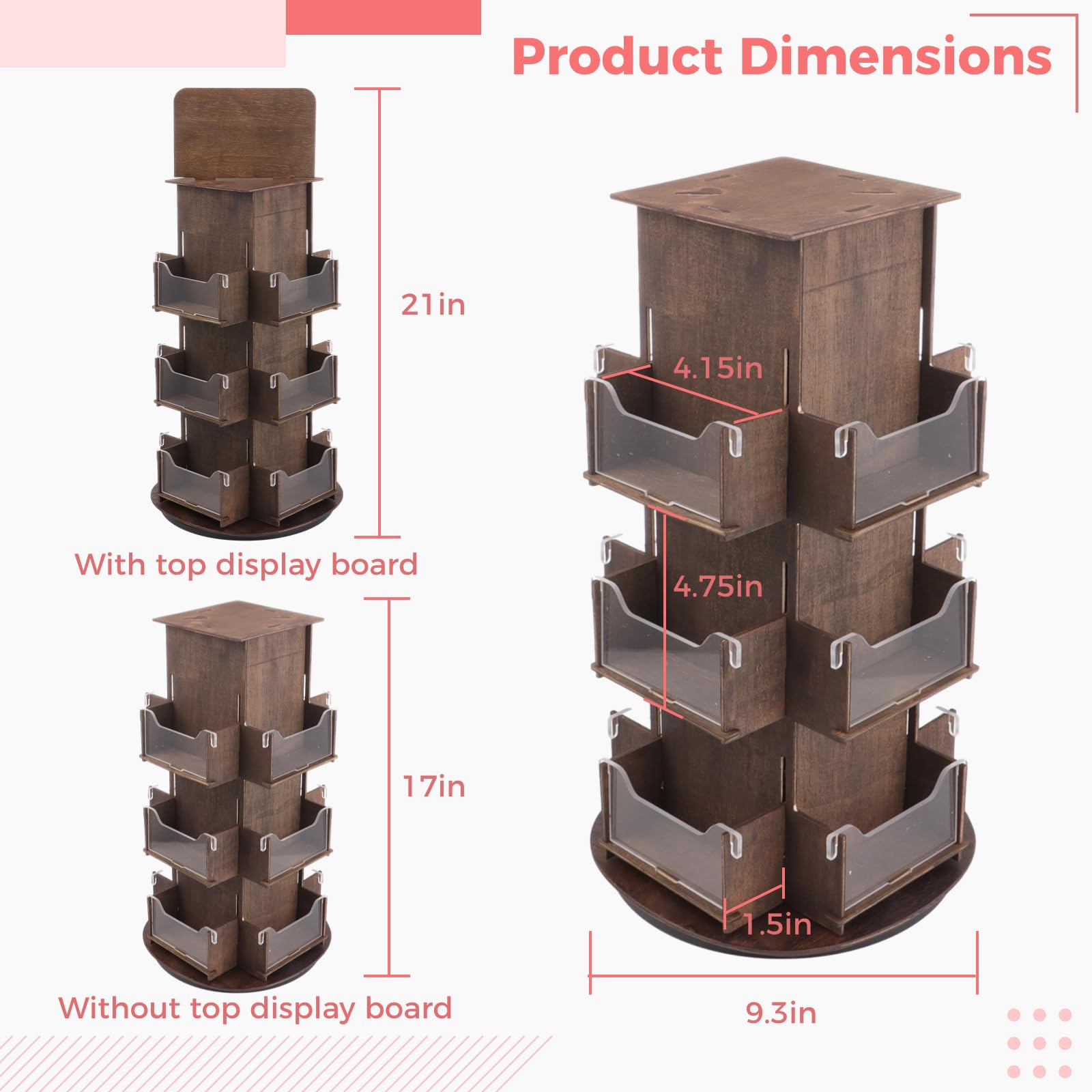 3-Tier Rotating Sticker Display Stand, 4-Sided Wood Greeting Card Display Rack, 360 Countertop Rotating Shelf for Cards, Stickers, Coasters, Multi-Pocket Tabletop Holder for Retail Tradeshow Showcase