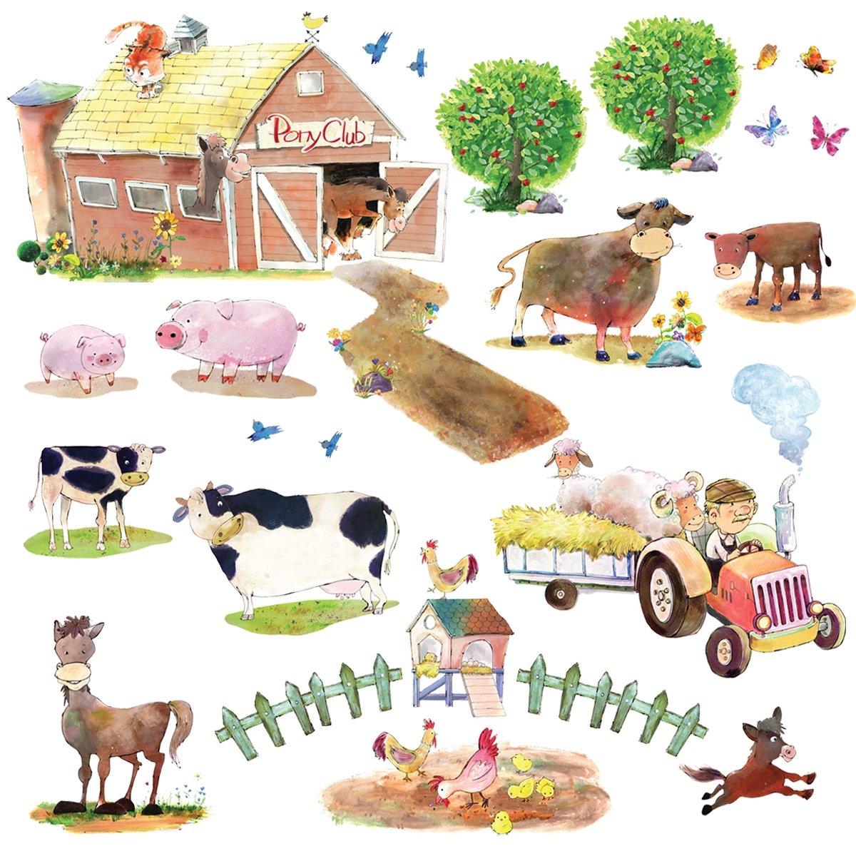 DECOWALL DWL-1407N Pony Club and Farm Animals Kids Wall Stickers Wall Decals Peel and Stick Removable Wall Stickers for Kids Nursery Bedroom Living Room Decor