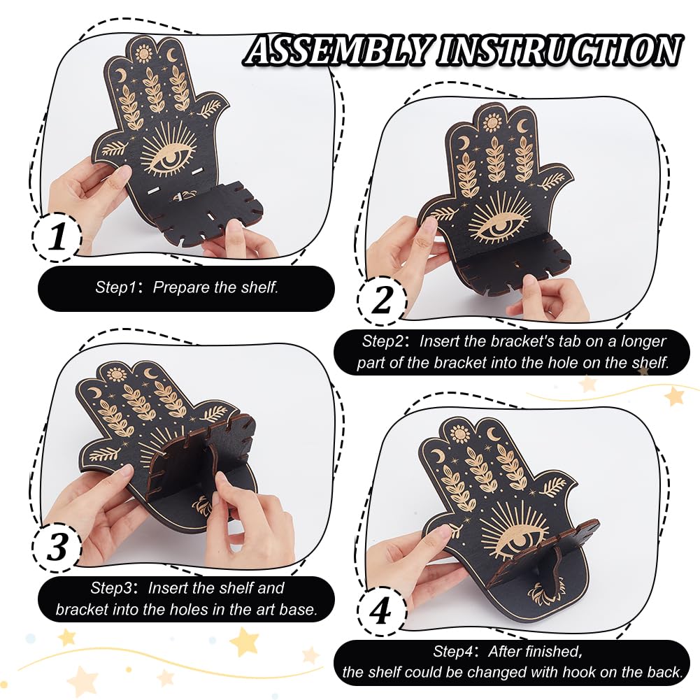 CRASPIRE 2 Sets Small Crystal Shelf Black Hamsa Hand Wooden Display Shelf Holder Evil Eye Magical Witch Stuff Boho Rustic Altar Divination Pendulum Storage Rack for Essential Oil Decor