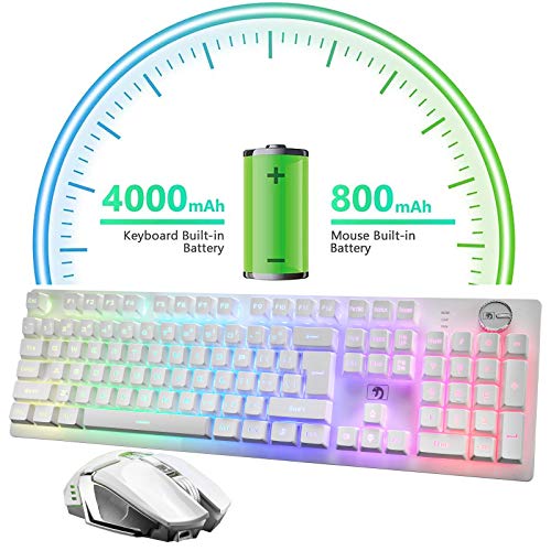 Wireless Rechargeable Keyboard and Mouse Combo,2.4G Full-Size Mechanical Feel Rainbow Backlit Gaming Keyboards with 7-Key 2400DPl Mice for PC Laptop Computer Gamer(White&RGB Light)